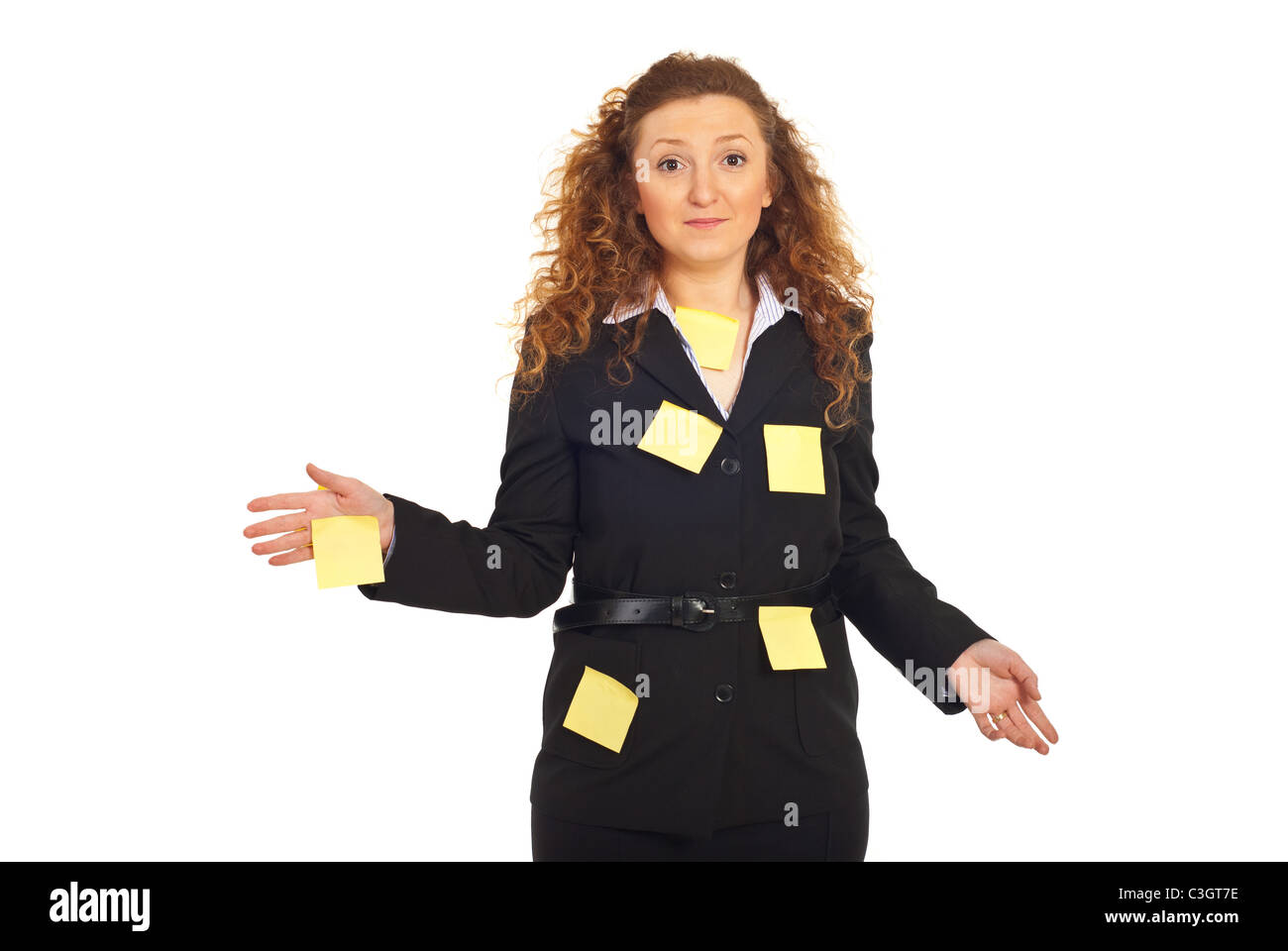 Confused stressed executive woman with reminder notes on her suit need ...
