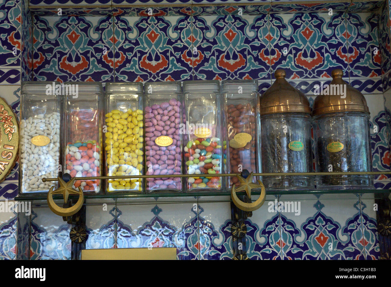 sugared almonds on display in a typical Turkish coffee shop Stock Photo ...