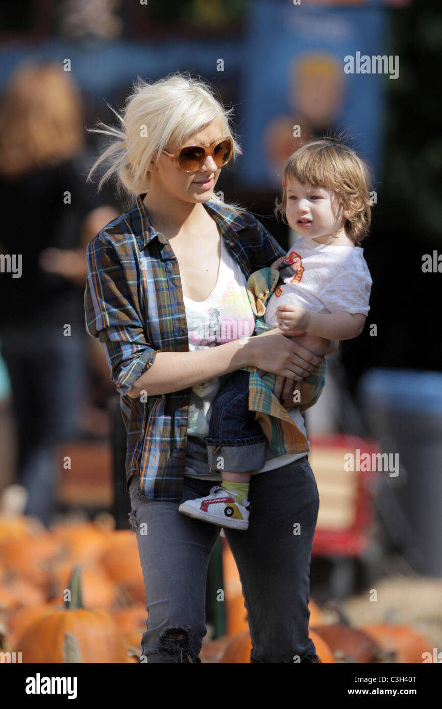 Singer Christina Aguilera takes her son Max to Mr Bones Pumpkin Patch to pick out a pumpkin for ...