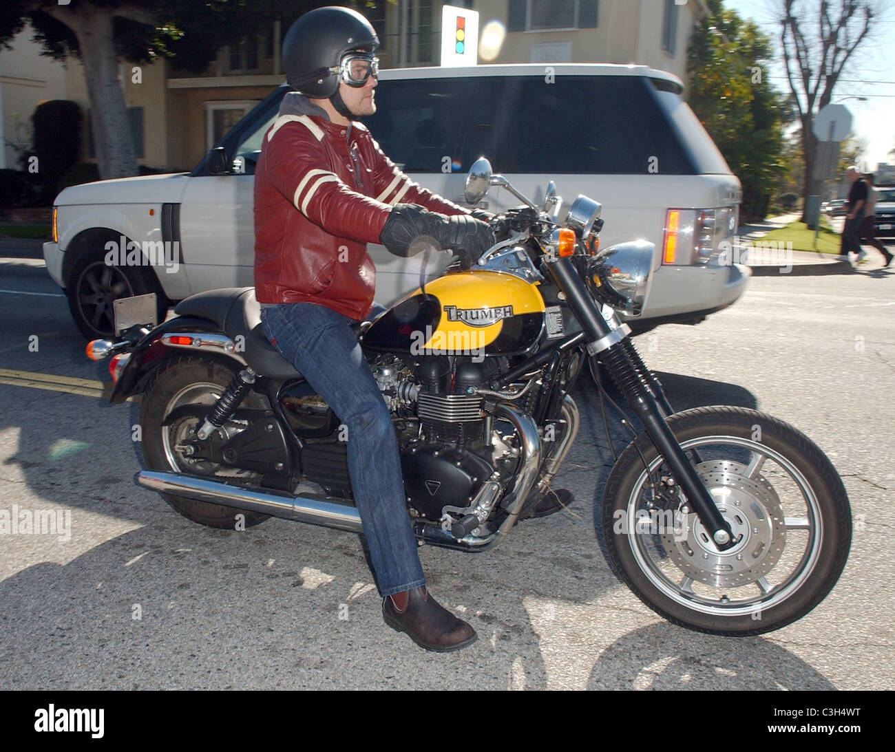 Actor Joshua Jackson riding his motorcycle Beverly Hills, Califonia ...