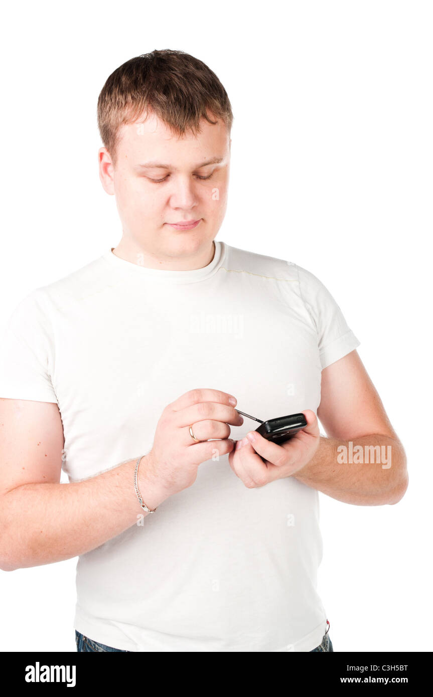 young casual man with phone, isolated on white background Stock Photo ...