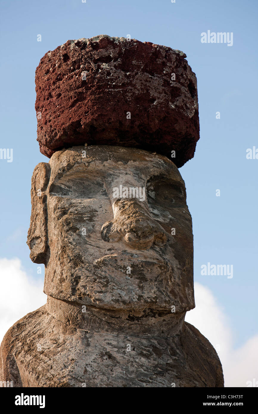 Moai with top knot at Ahu Tongariki, Easter Island Stock Photo - Alamy