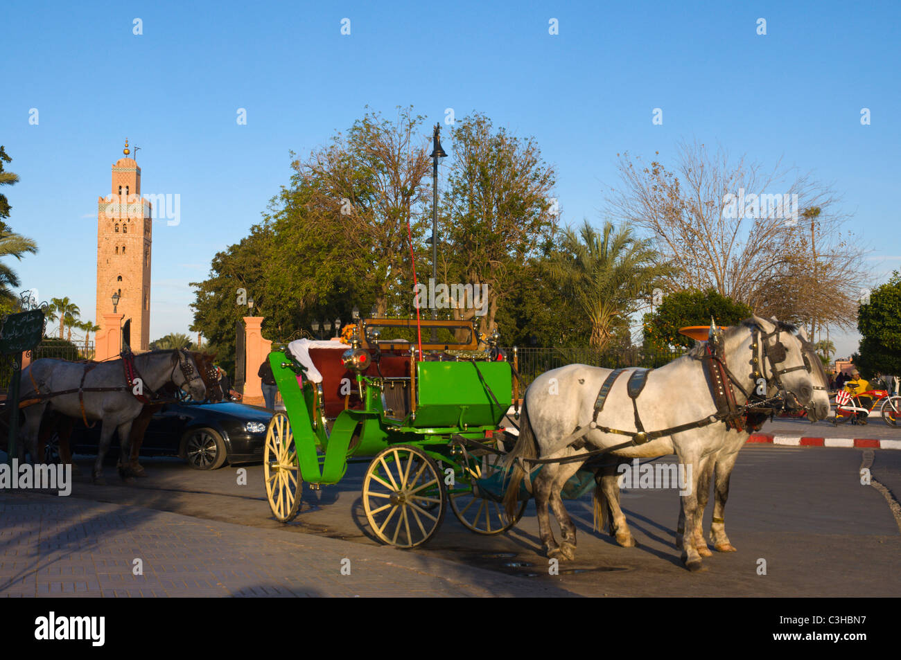 Horse drawn carriage in front of Koutoubia mosque Marrakesh central ...
