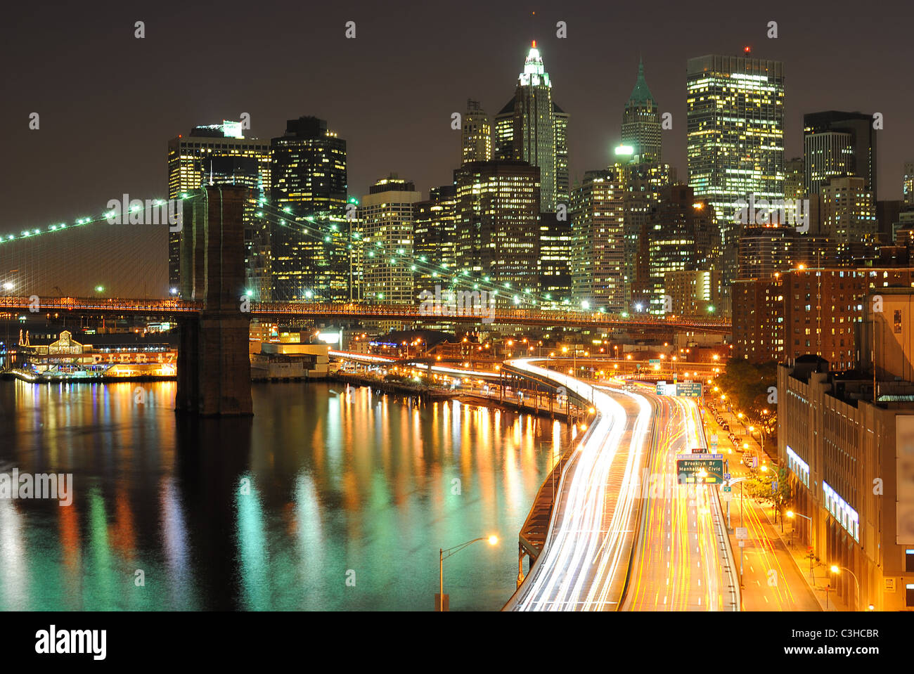 View of the brooklyn bridge, FDR Highway, and the financial district of ...