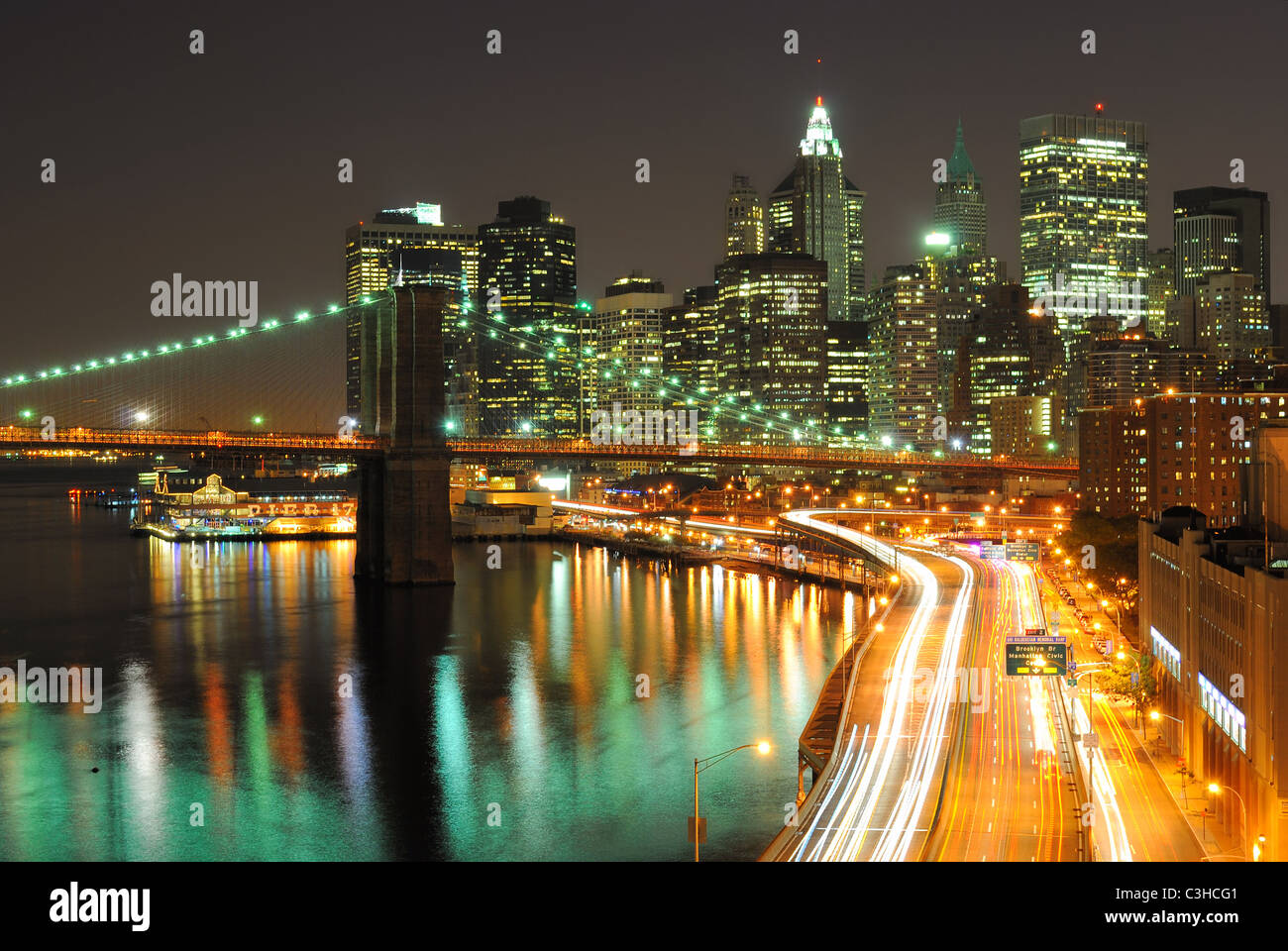 View of the brooklyn bridge, FDR Highway, and the financial district of ...