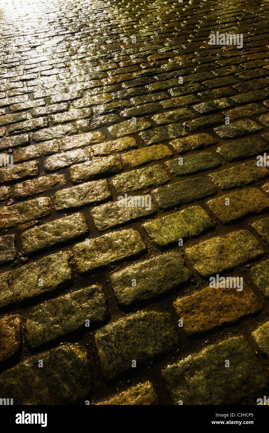 Close up of cobblestone street at night Stock Photo - Alamy