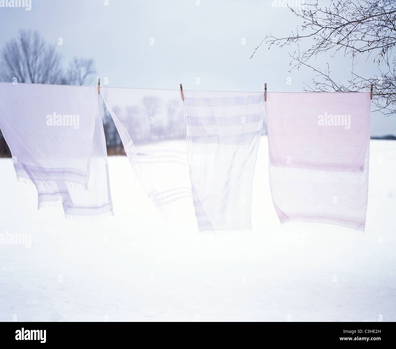 Shawls on laundry line in snow Stock Photo - Alamy