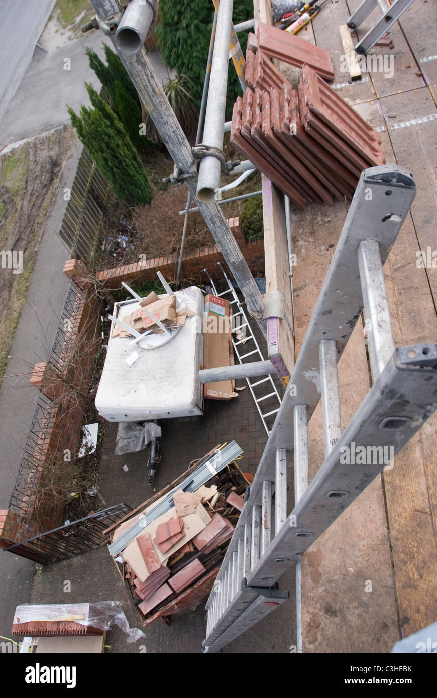 Top of Ladder & Full Skip in Garden Below, View from Scaffolding, Re ...
