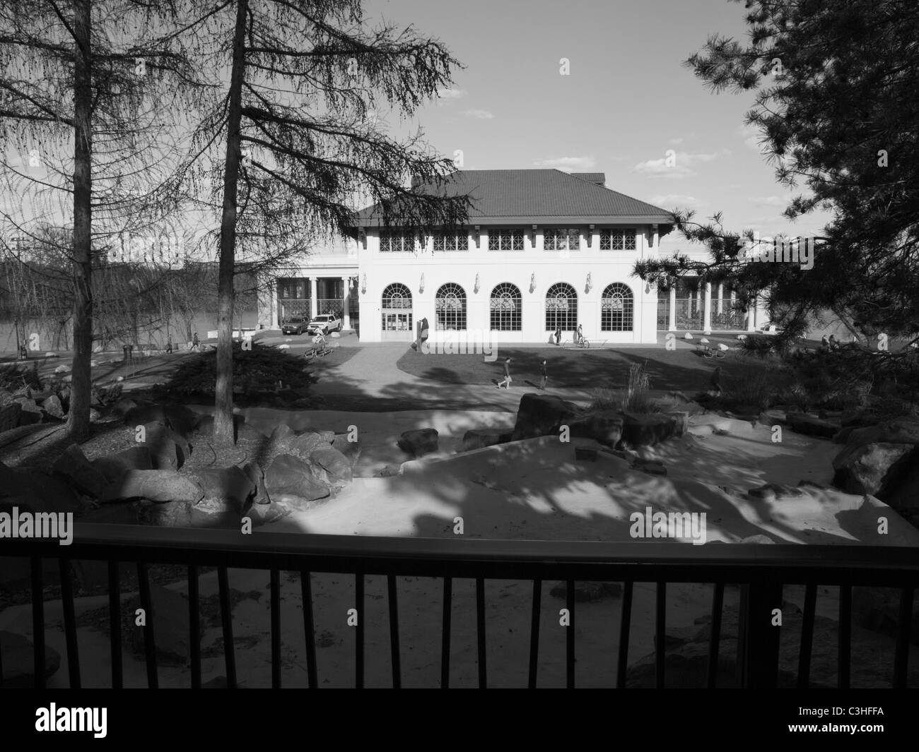view of Lake Como pavilion from Hamm Memorial water fall in Como Park ...