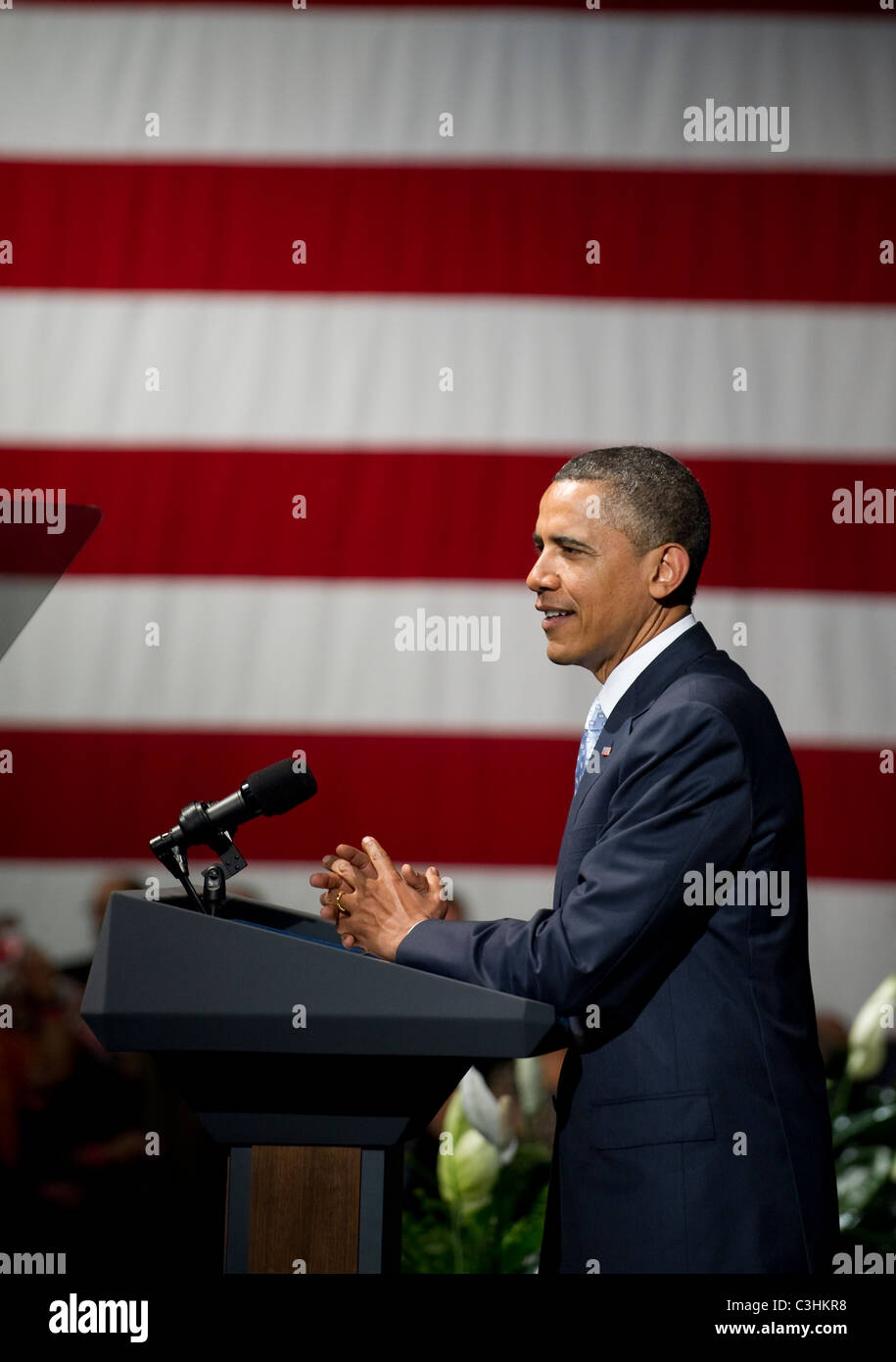 U.S. President Barack Obama speaks from the stage at a political fund ...