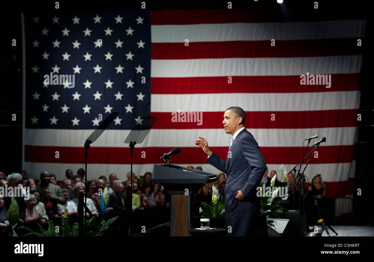 U.S. President Barack Obama speaks from the stage at a political fund ...