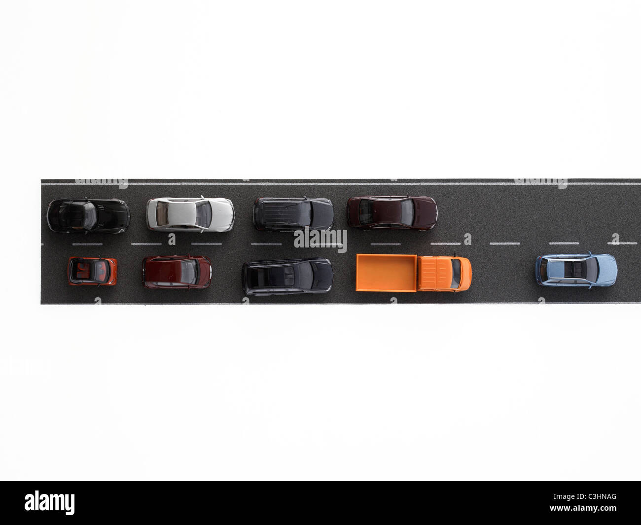 Overhead view of toy cars on toy road Stock Photo - Alamy