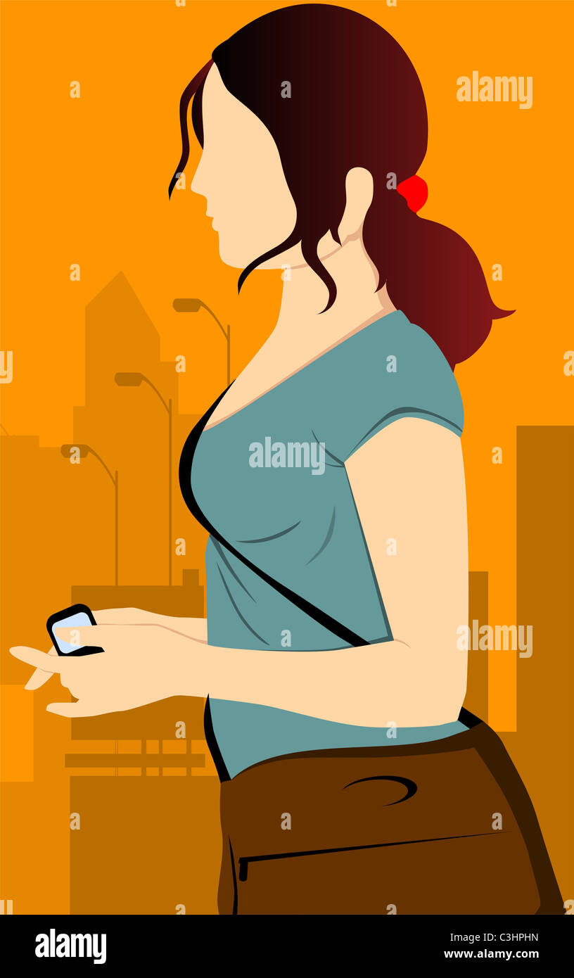 lady holding phone with street background Stock Photo - Alamy