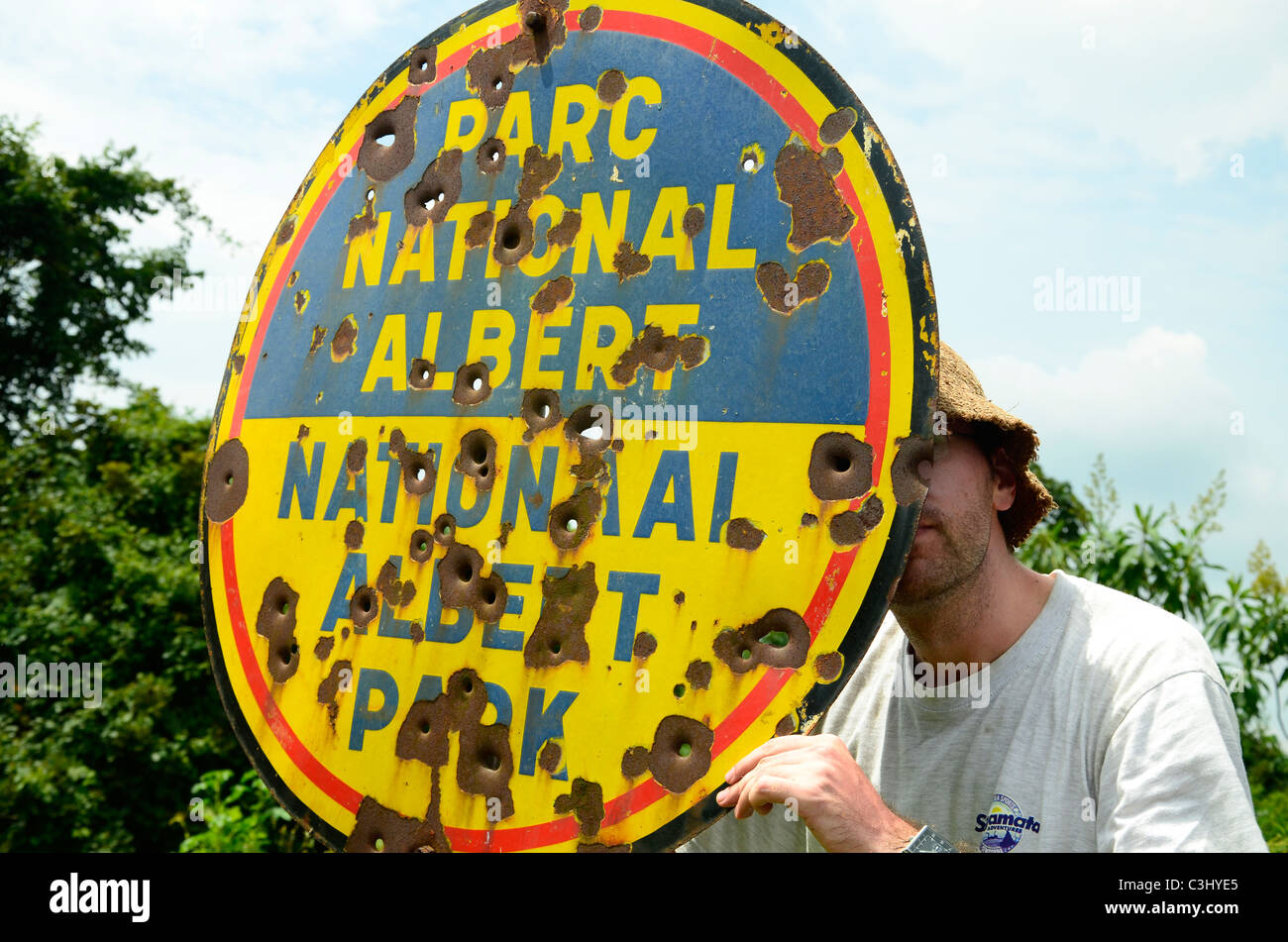 Bullet ridden sign in Virunga National Park, eastern Democratic ...