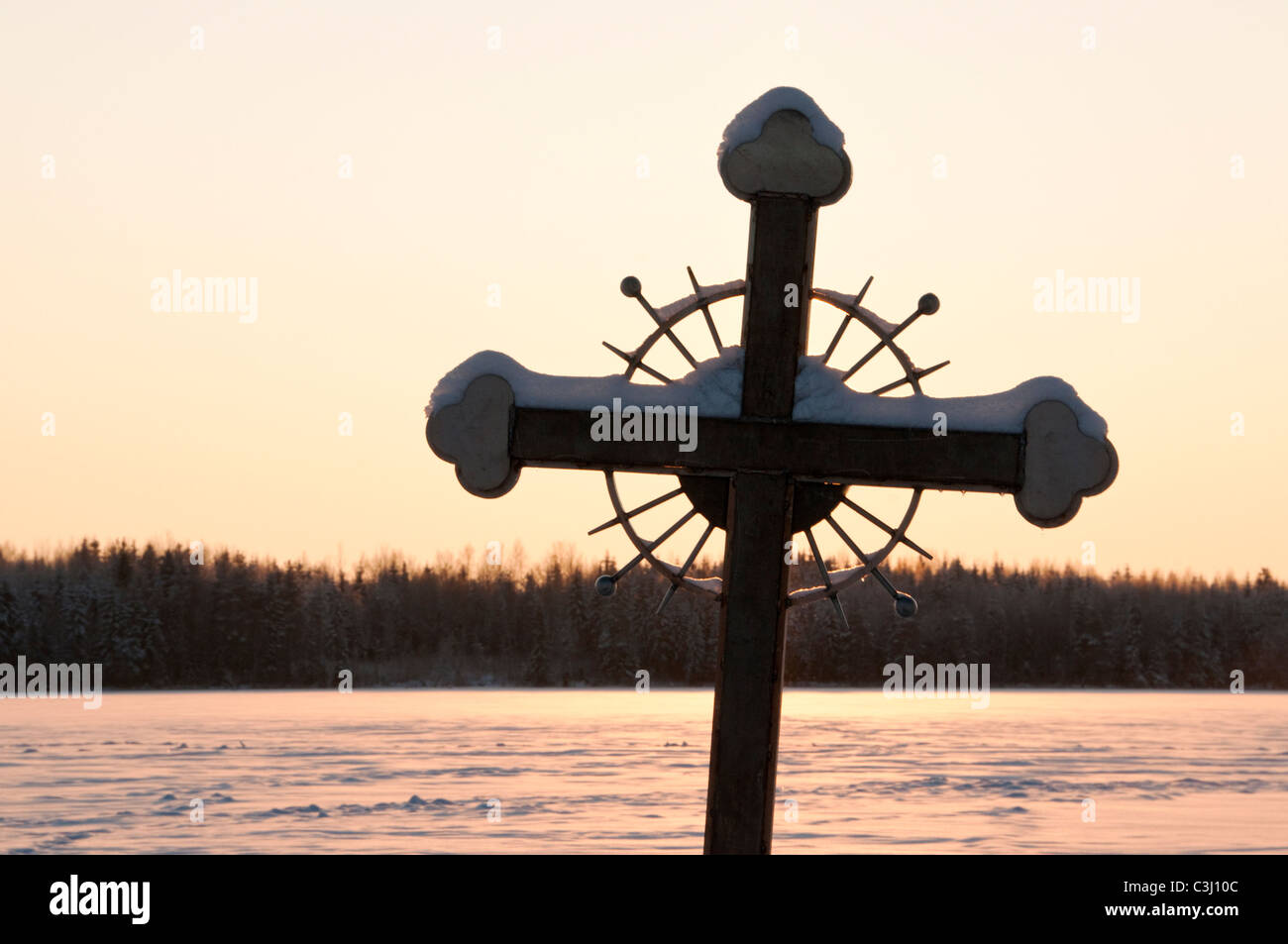 Cross standing next to the ice hole, in readiness for the Epiphany ...