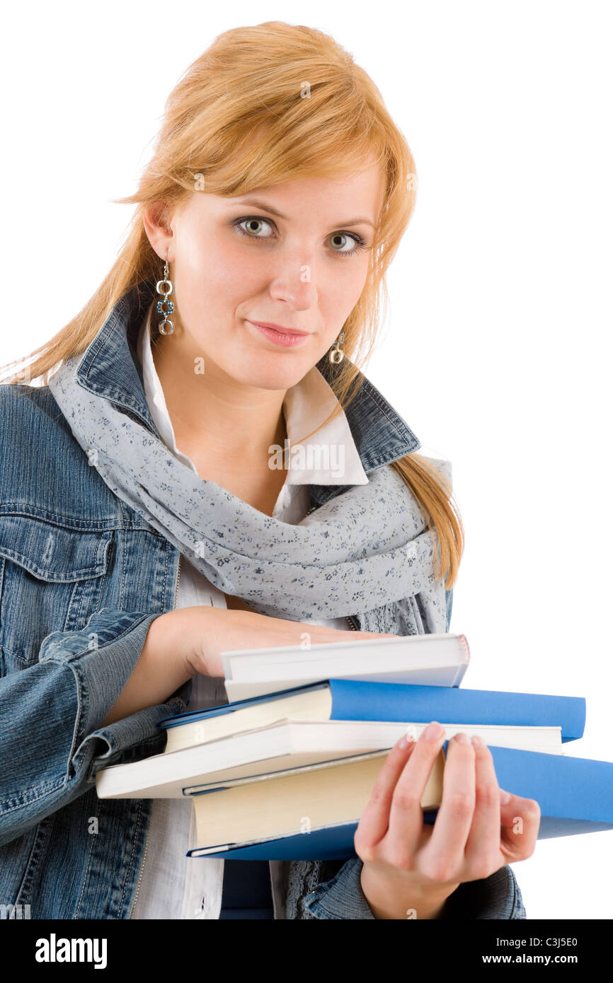Student young woman hold book on white background Stock Photo - Alamy