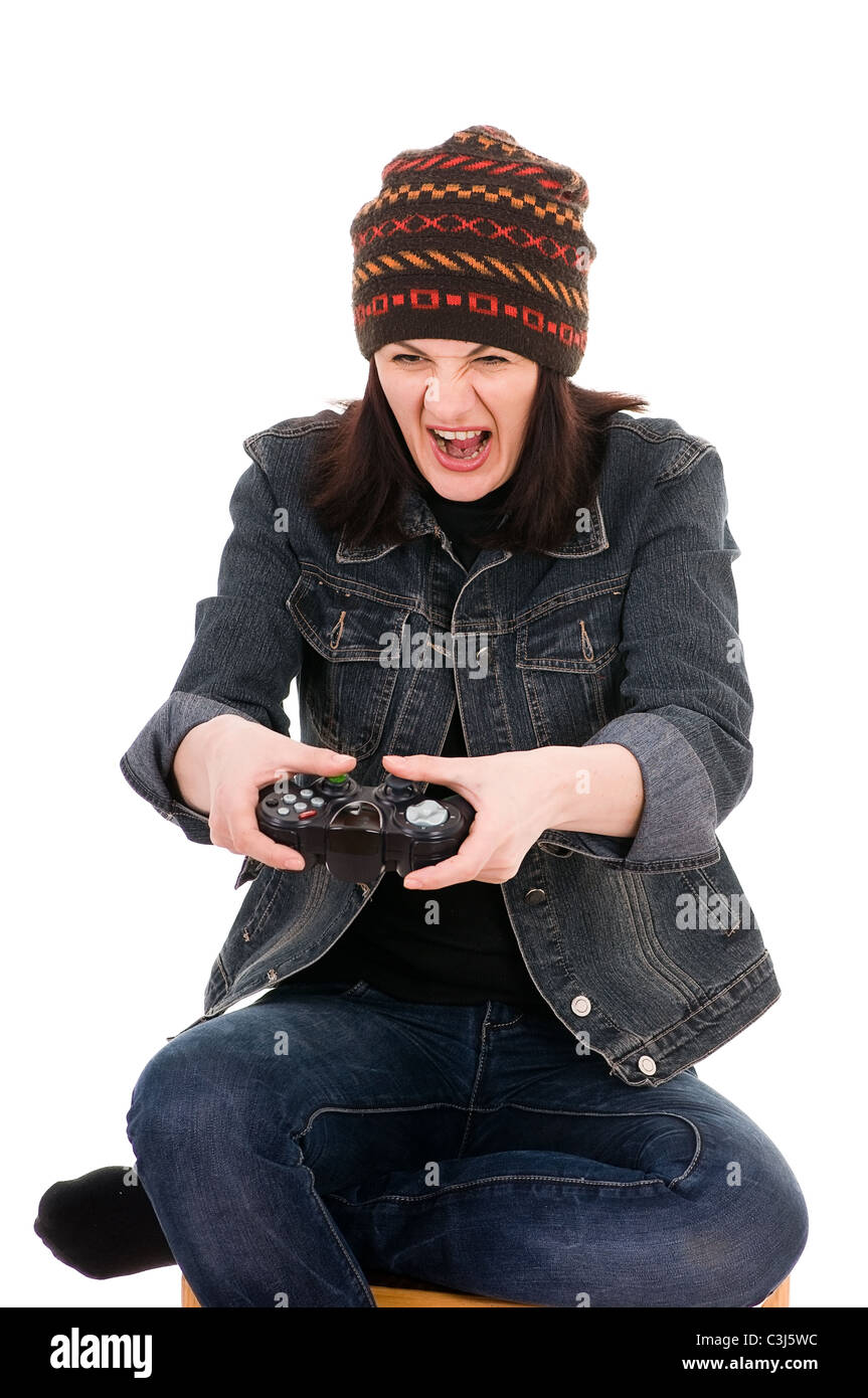 woman gamer with joystick isolated on white background Stock Photo - Alamy