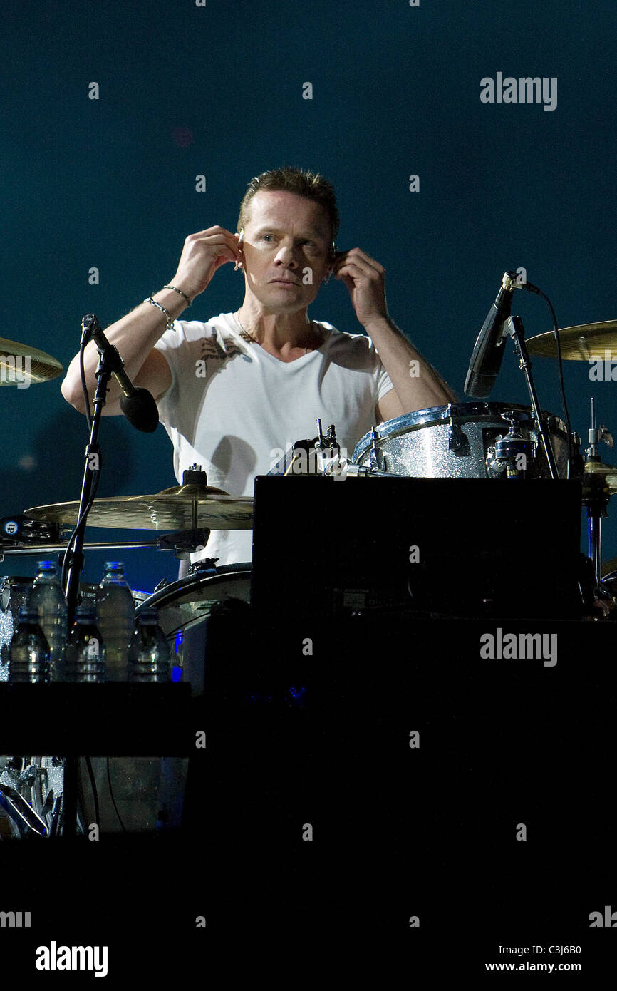Larry Mullen, Jr. U2 performing live in concert at the Rose Bowl during ...