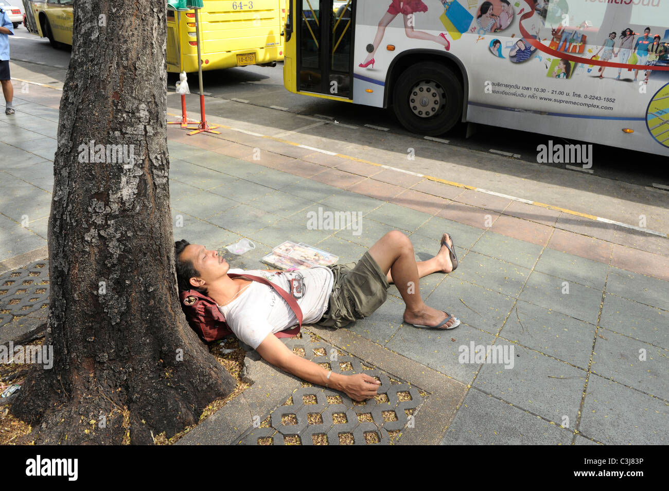homeless man sleeping under tree, chinatown, bangkok, thailand Stock ...
