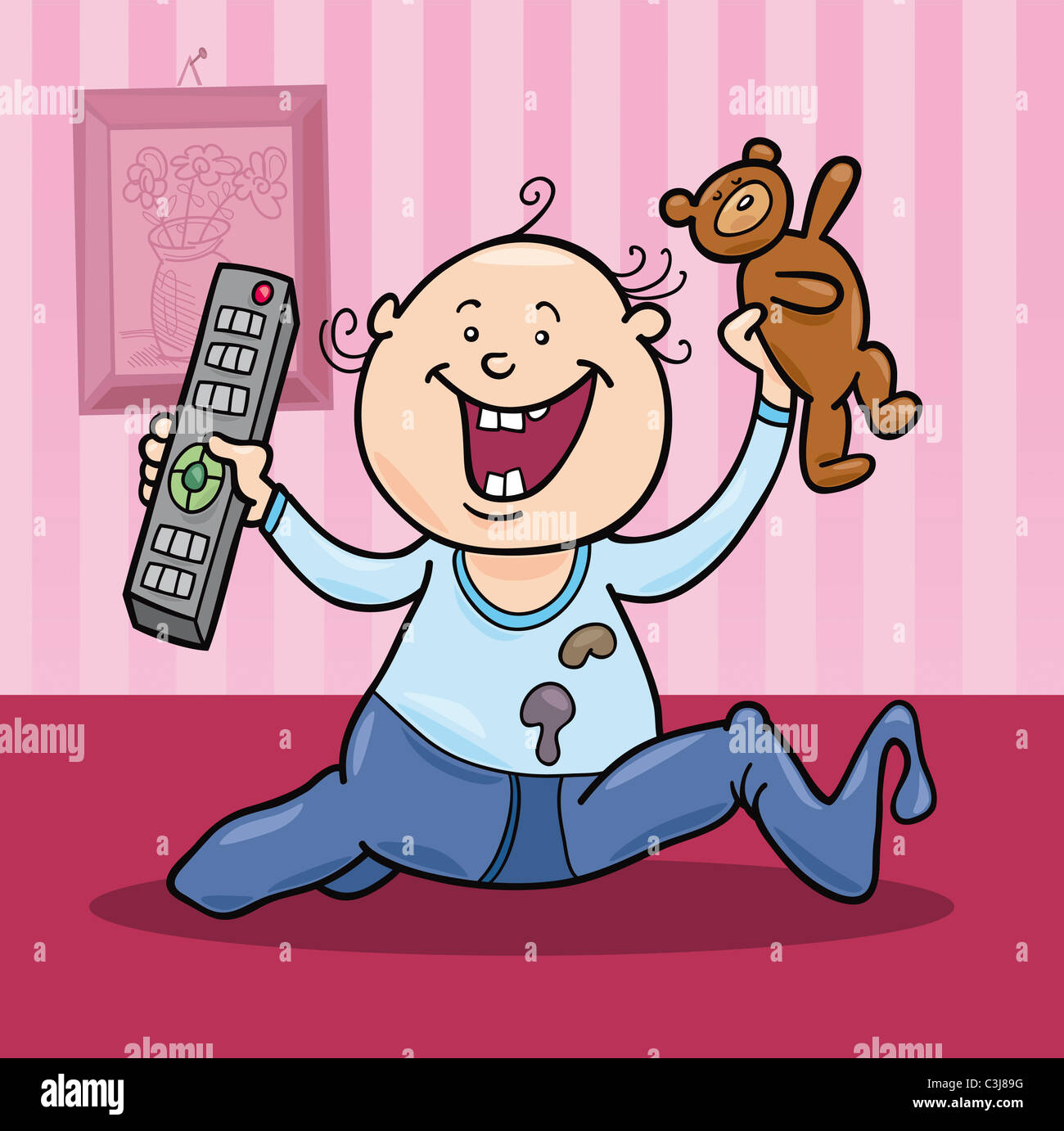 illustration of baby boy with remote control and teddy bear Stock Photo ...