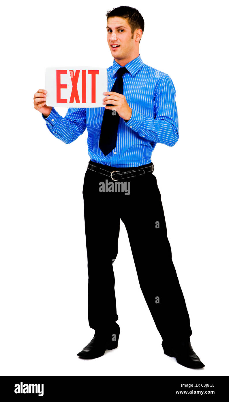 Happy man showing an exit sign isolated over white Stock Photo - Alamy
