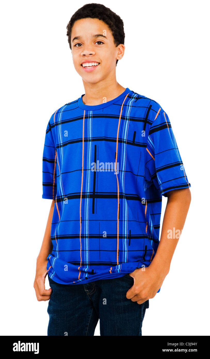 Latin American teenage boy standing isolated over white Stock Photo - Alamy