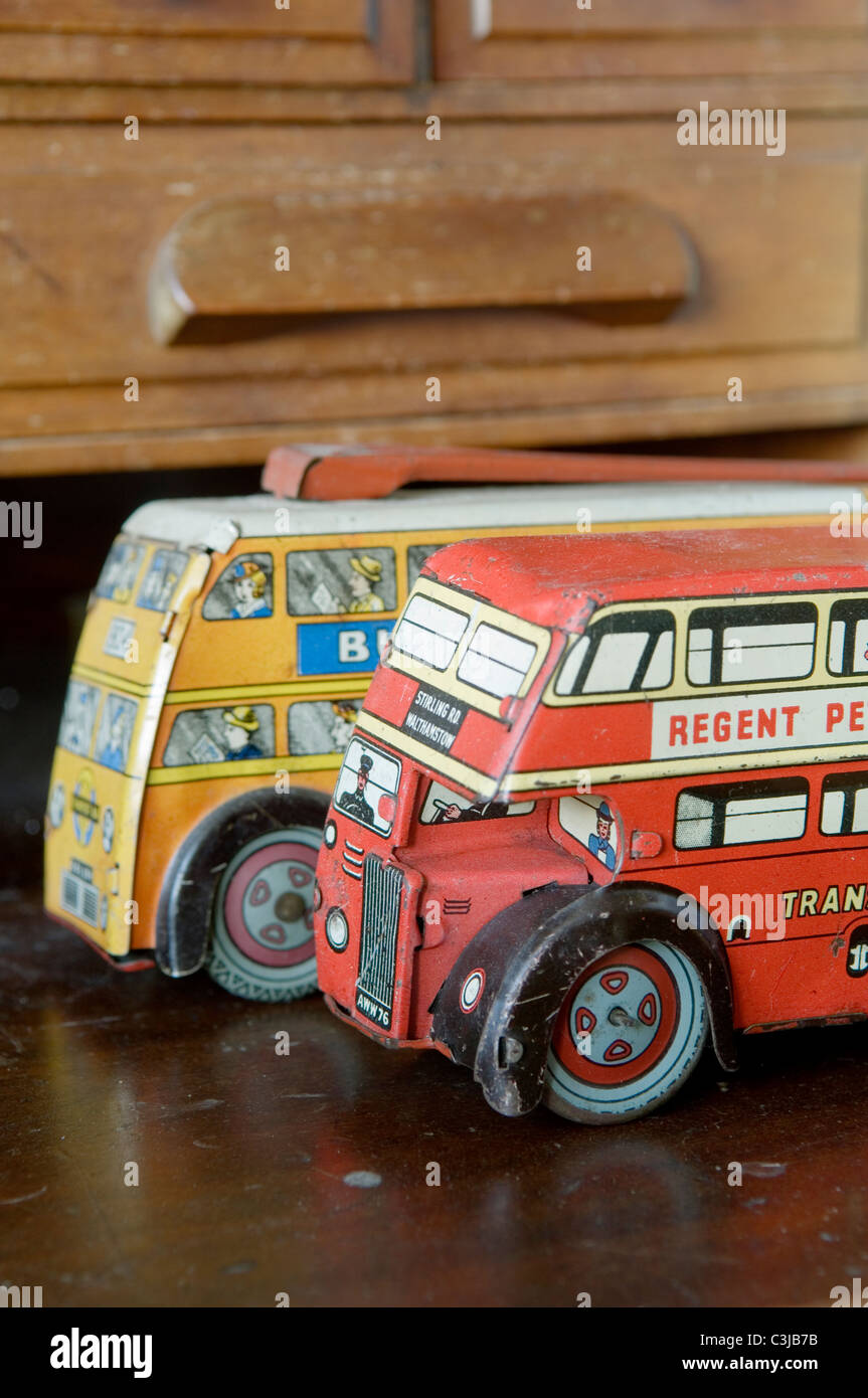 Pair of vintage double decker London bus toys Stock Photo - Alamy