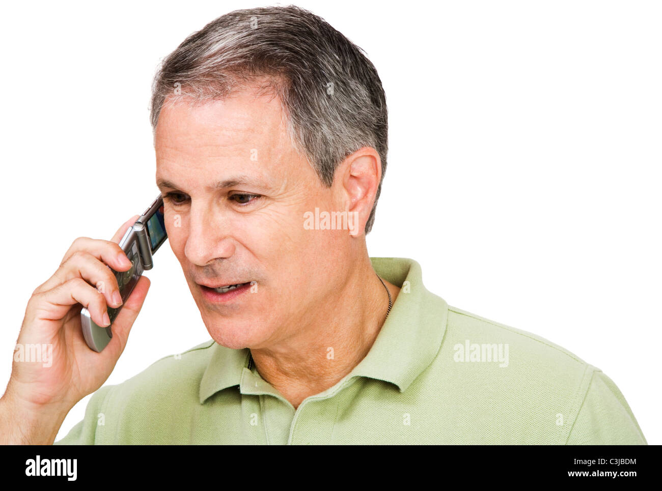 Man talking on a mobile phone isolated over white Stock Photo - Alamy