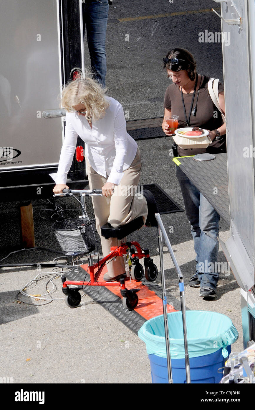 Blythe Danner using a modified walker due to a foot injury while on the ...