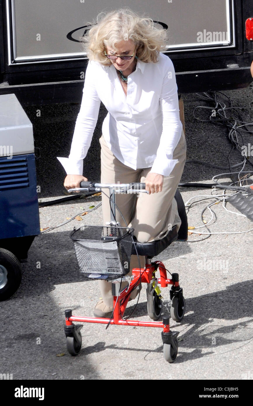 Blythe Danner using a modified walker due to a foot injury while on the ...