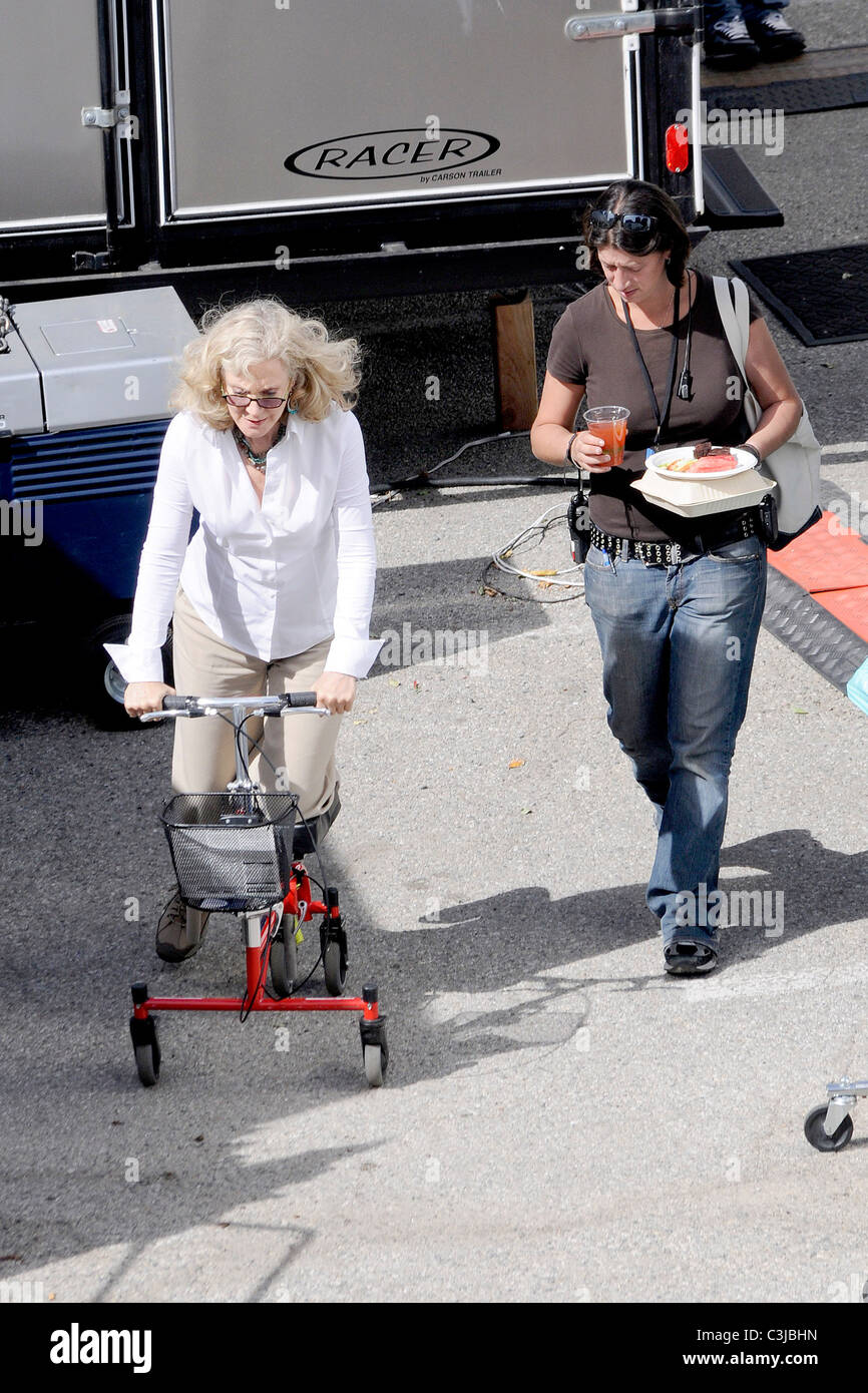 Blythe Danner using a modified walker due to a foot injury while on the ...