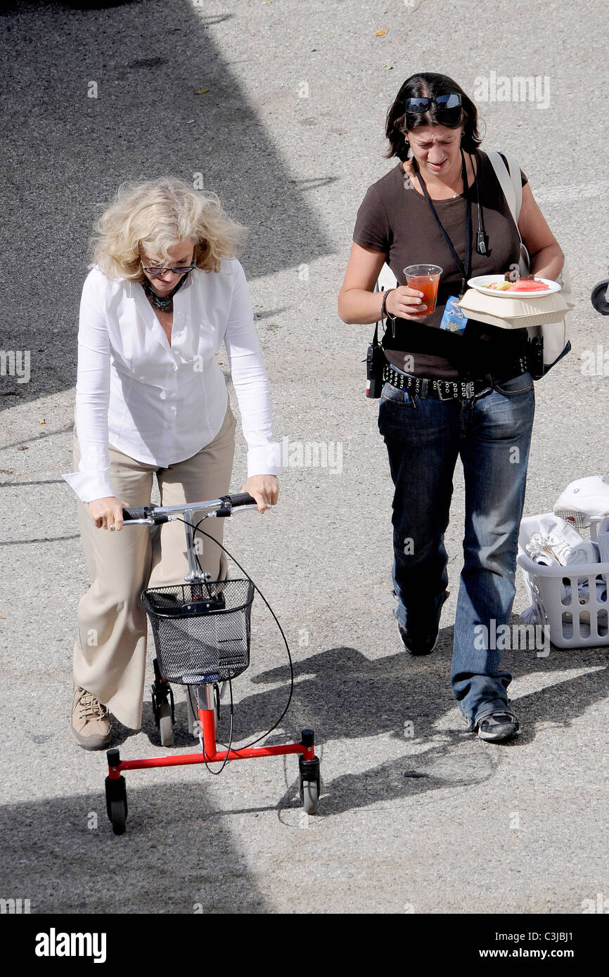 Blythe Danner using a modified walker due to a foot injury while on the ...