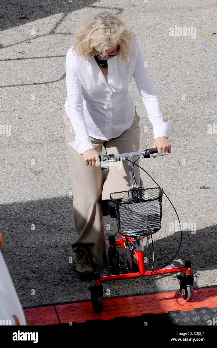 Blythe Danner using a modified walker due to a foot injury while on the ...