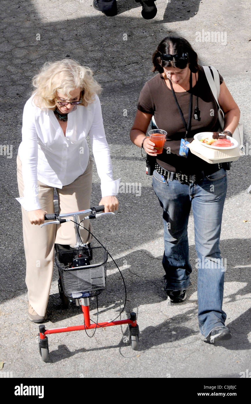 Blythe Danner using a modified walker due to a foot injury while on the ...