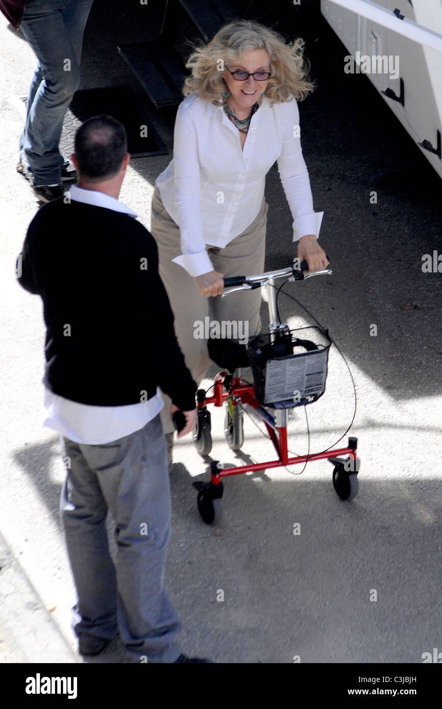 Blythe Danner using a modified walker due to a foot injury while on the ...