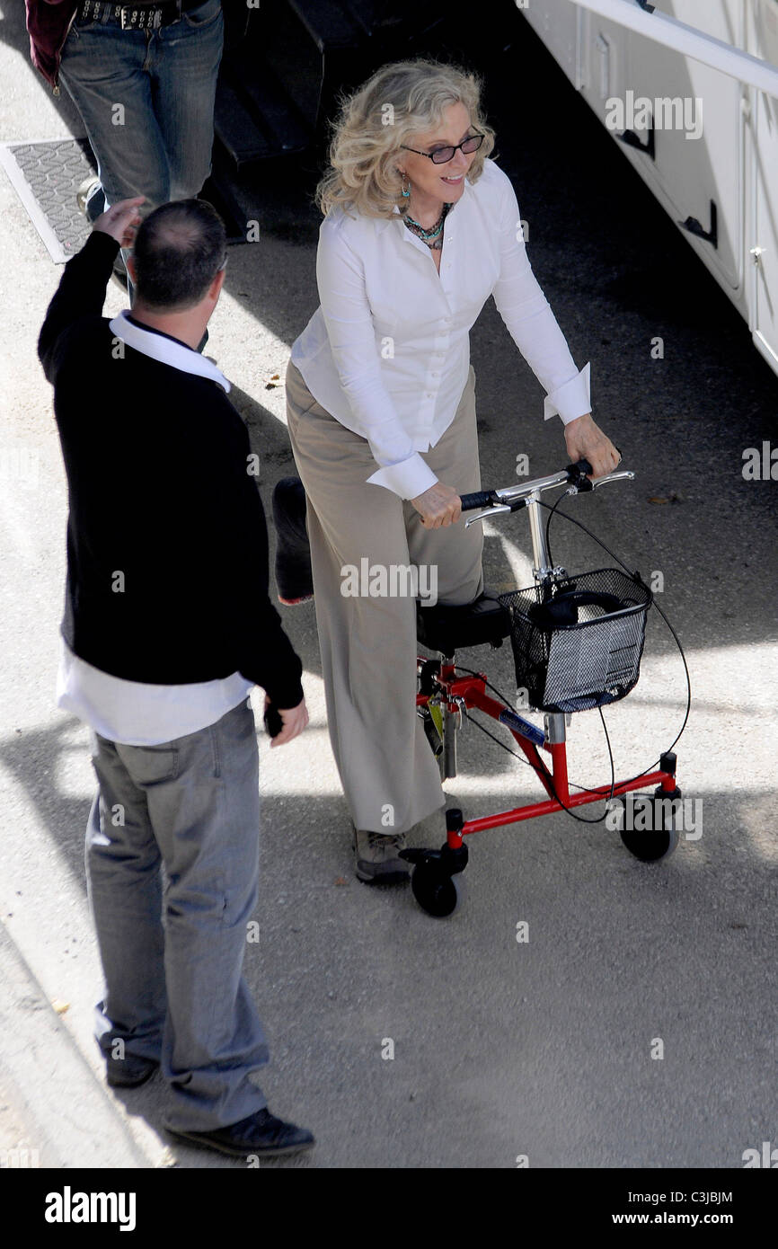 Blythe Danner using a modified walker due to a foot injury while on the ...