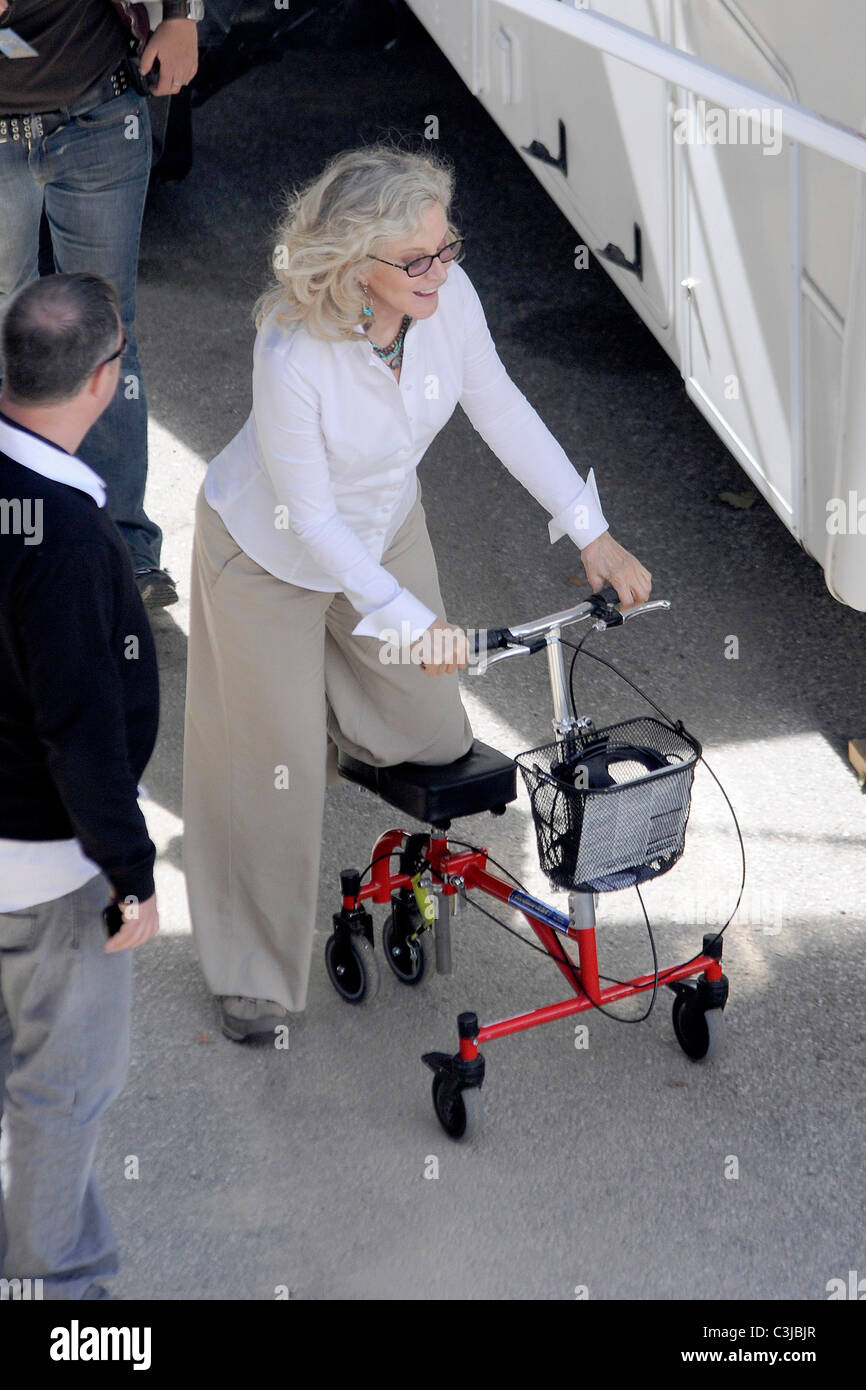 Blythe Danner using a modified walker due to a foot injury while on the ...