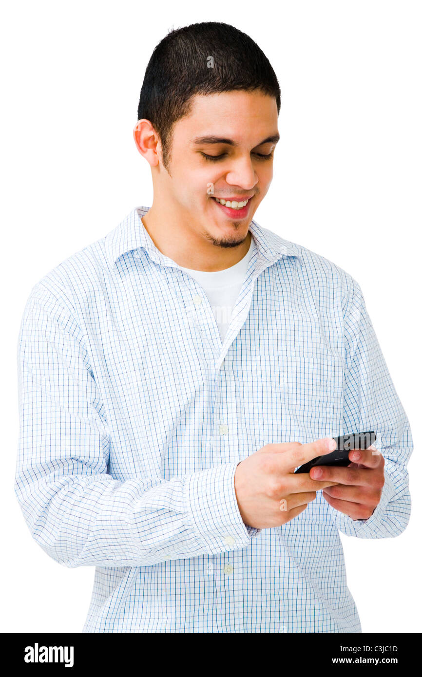 Happy man using mobile phone isolated over white Stock Photo - Alamy