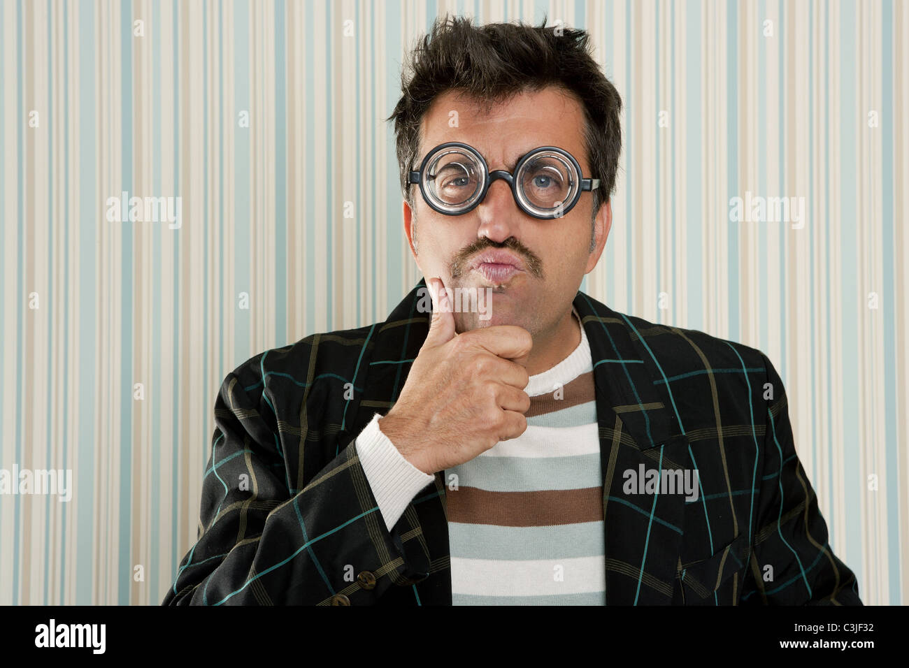 crazy nerd man myopic thinking gesture expression funny glasses man ...