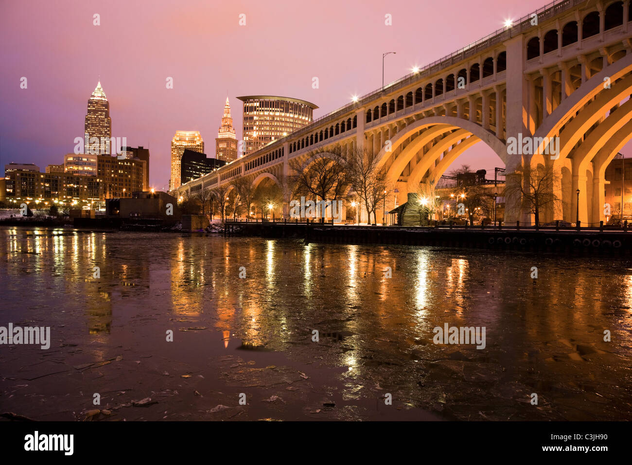 USA, Ohio, Bridge crossing Cuyahoga River at dusk Stock Photo - Alamy