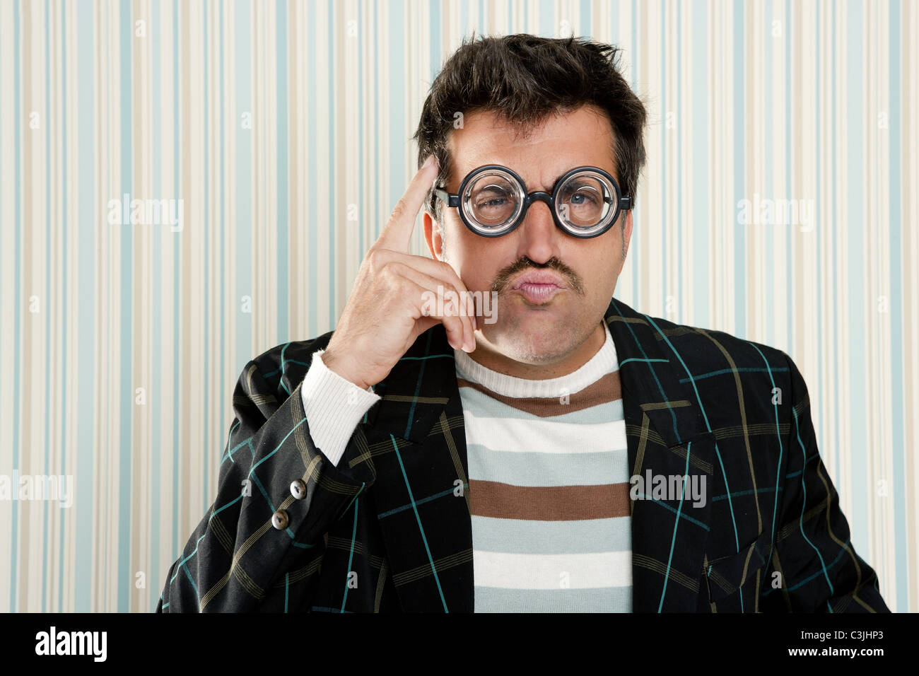 crazy nerd man myopic thinking gesture expression funny glasses man ...