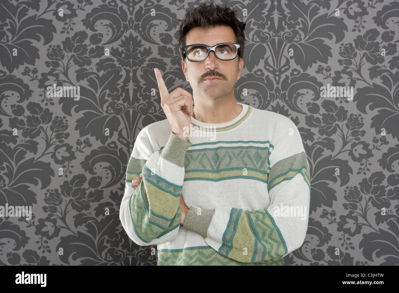 nerd pensive silly man retro wallpaper glasses tacky guy Stock Photo ...
