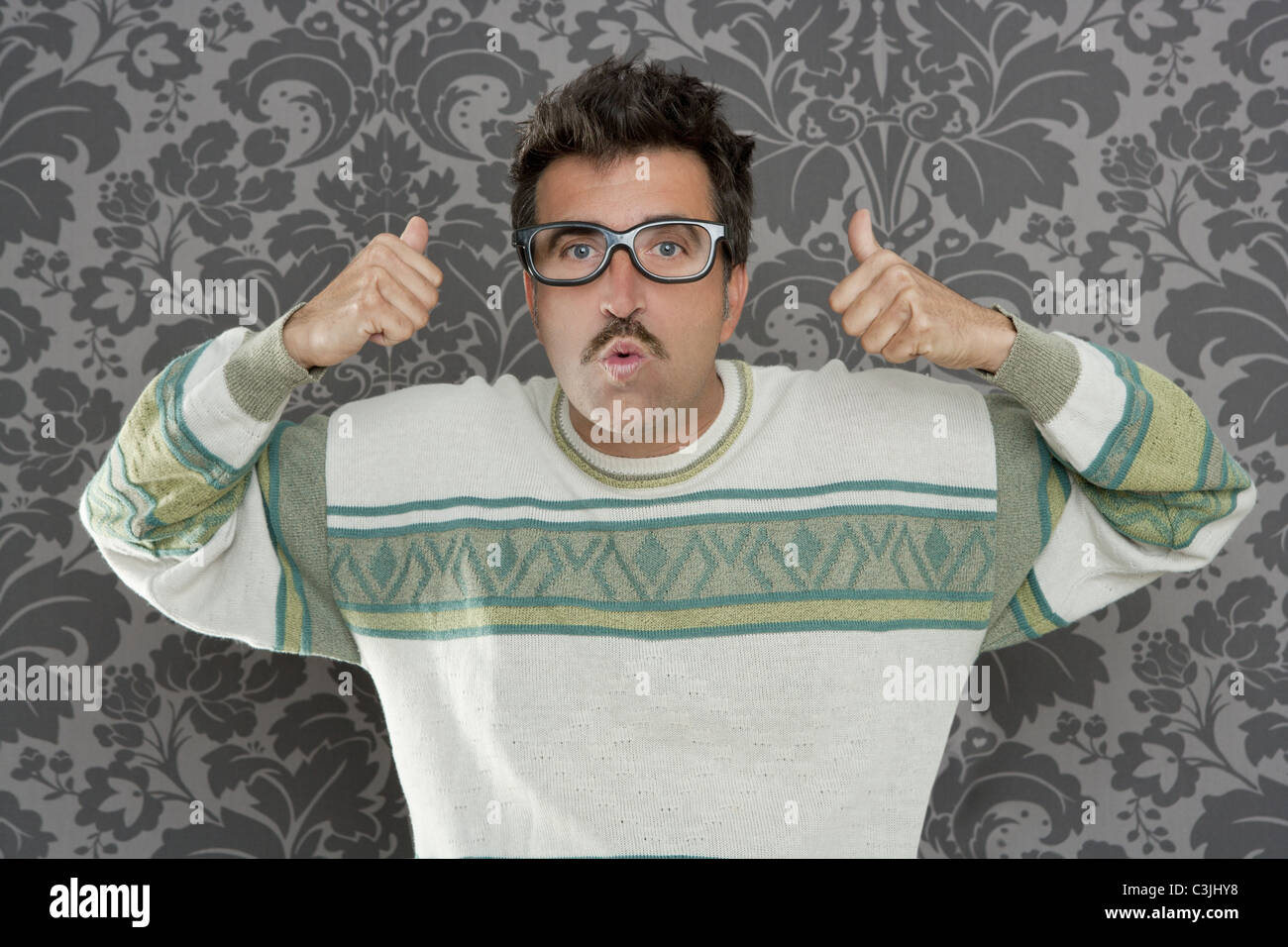 nerd pensive silly man ok gesture retro glasses tacky Stock Photo - Alamy
