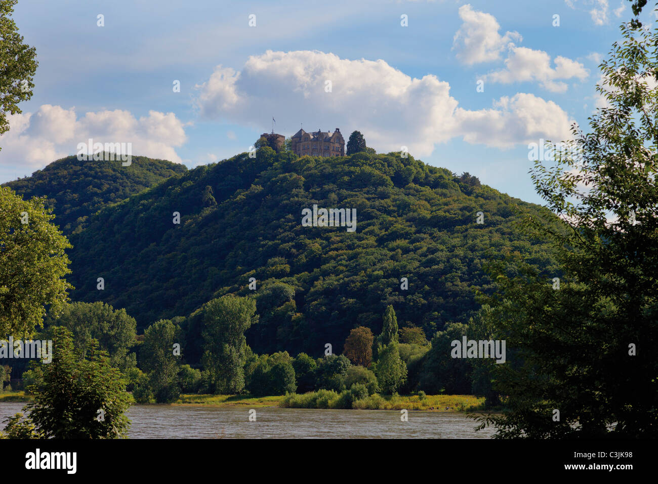 Europe, Germany, Rhineland-Palatinate, View of river and Rheineck ...