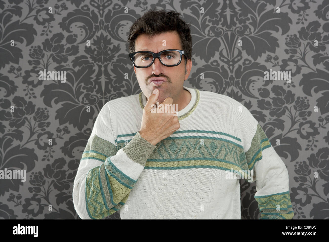 nerd pensive silly man retro wallpaper glasses tacky guy Stock Photo ...