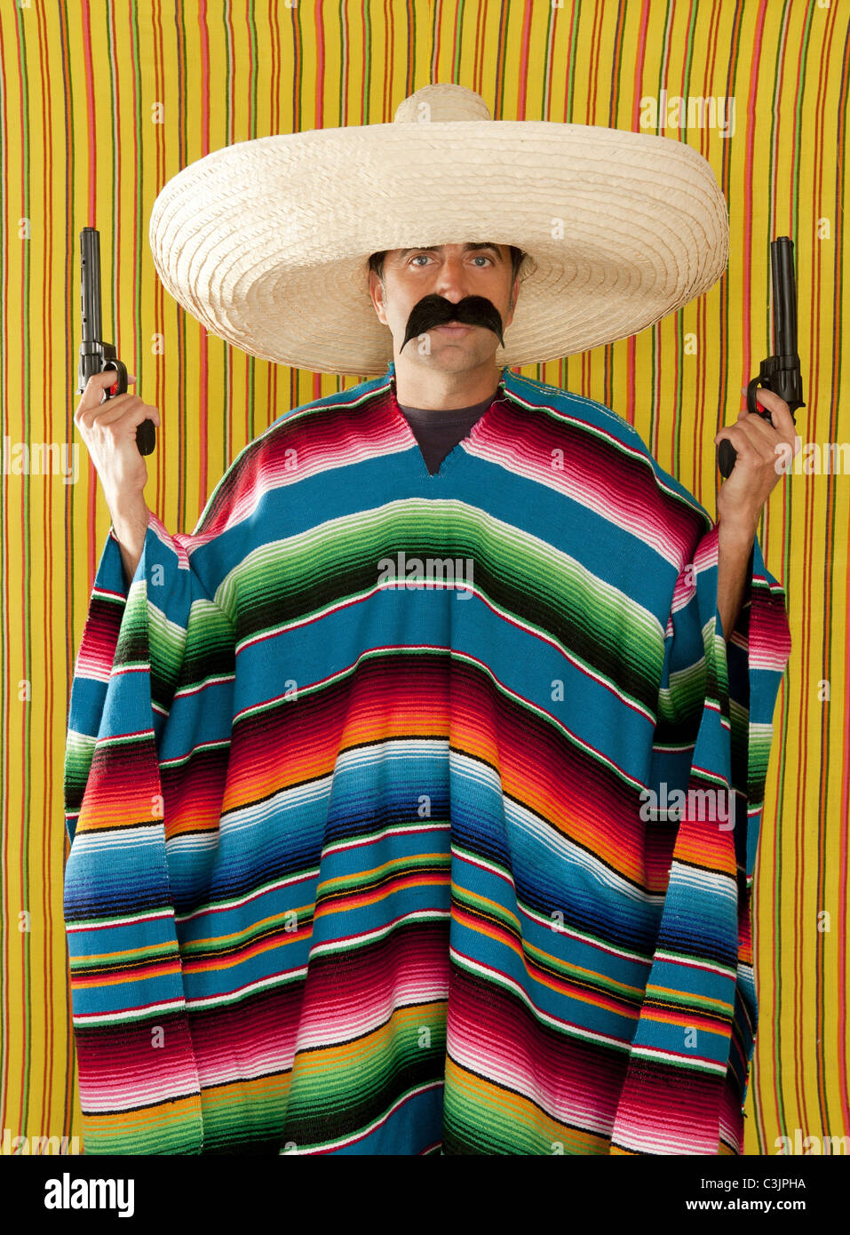 Bandit Mexican revolver mustache gunman sombrero poncho serape Stock ...