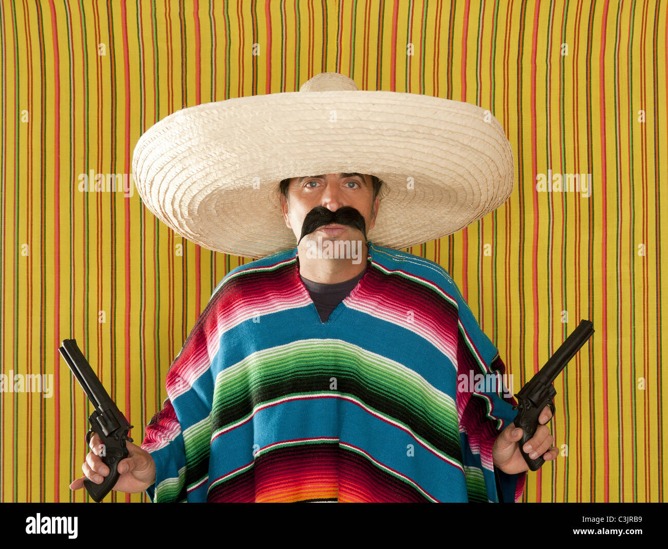 Bandit Mexican revolver mustache gunman sombrero poncho serape Stock ...