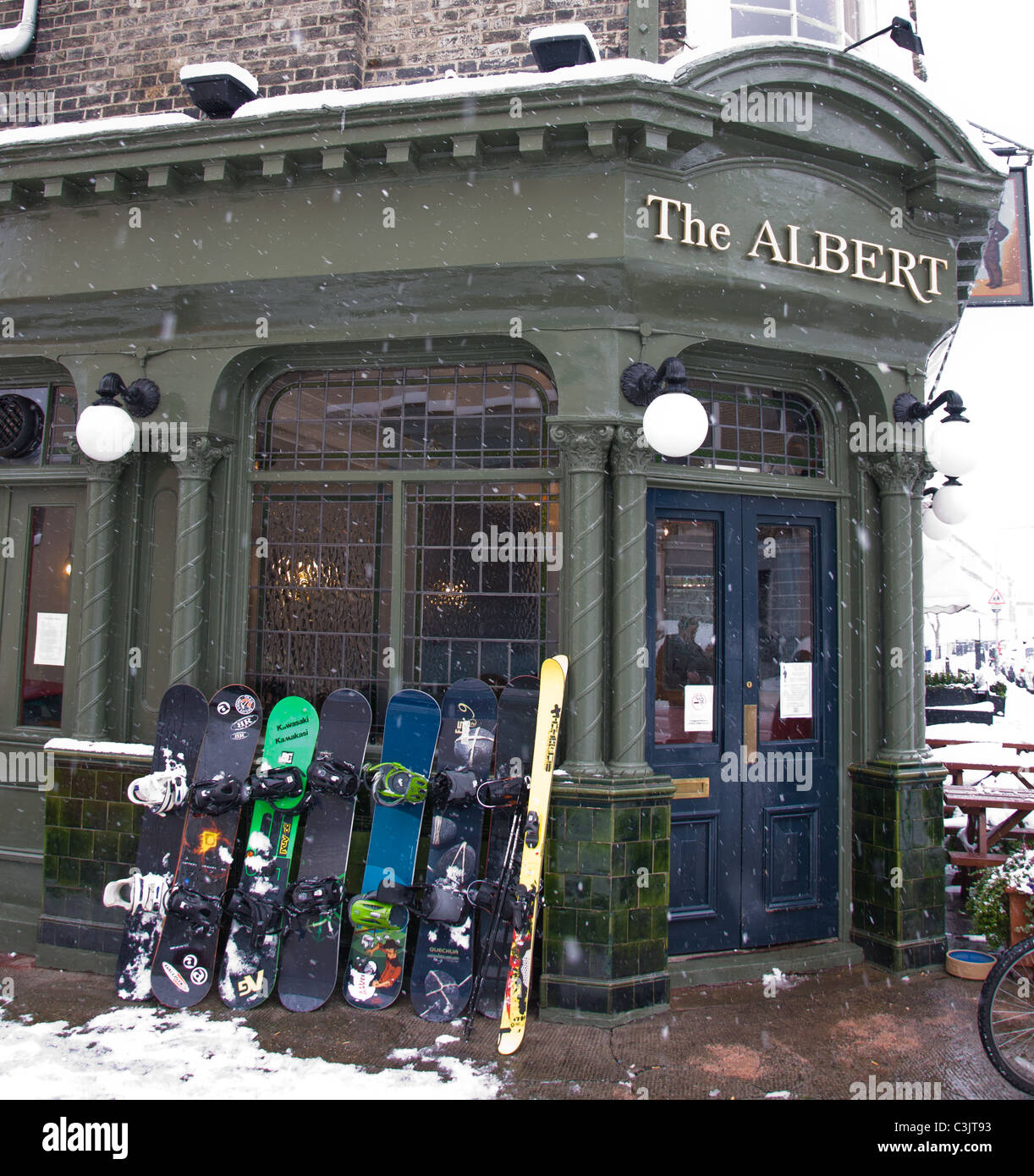 The Albert pub with snowboards outside in Primrose Hill, London Stock ...
