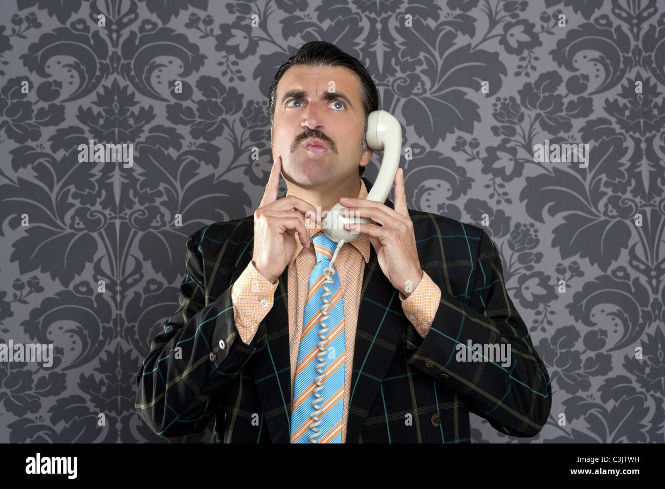 Nerd scared expression businessman telephone call mustache retro Stock ...