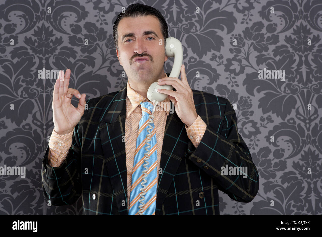 happy ok gesture telephone man retro hand sign mustache vintage ...